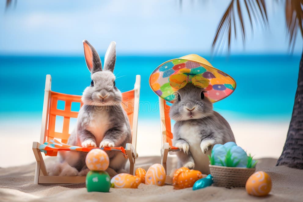 Bunny Paradise on the Beach and Easter Eggs. Generative AI Stock ...