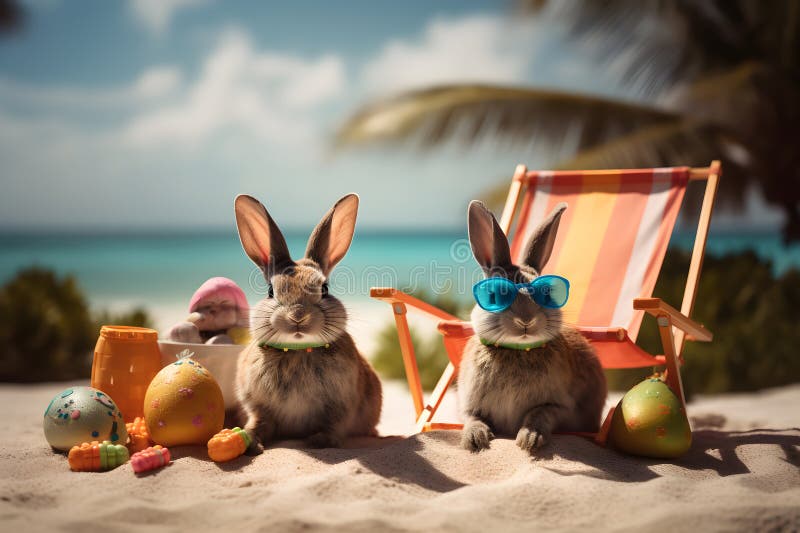 Bunny Paradise On The Beach And Easter Eggs Generative Ai Stock