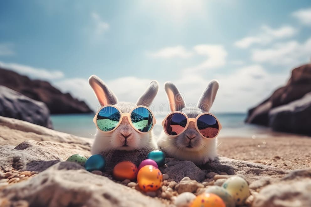 Bunny Paradise on the Beach and Easter Eggs. Generative AI Stock ...