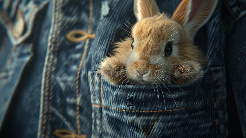 Adorable Bunny Peeking from Denim Pocket with Cute Expression Stock ...