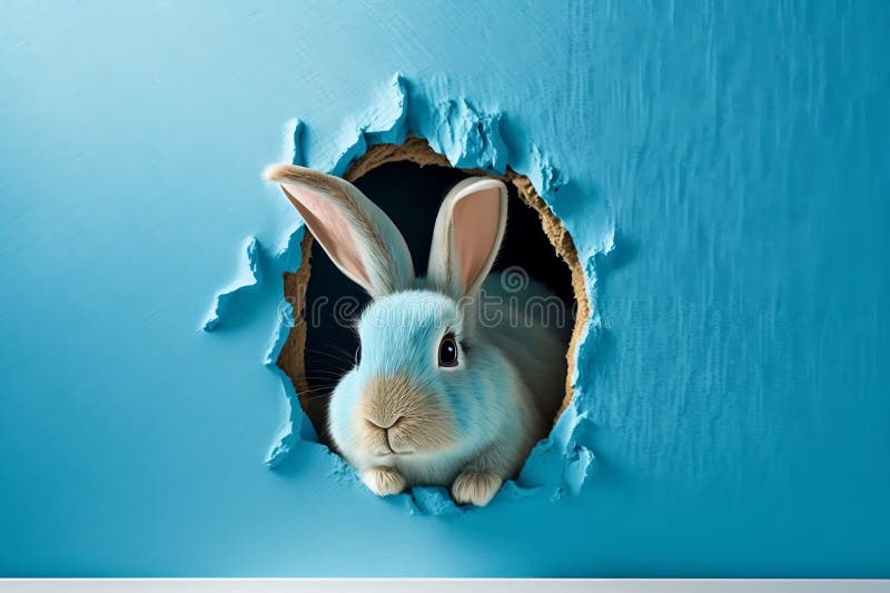 Bunny Peeking Out of a Blue Wall Hole, Easter Bunny Banner with a ...