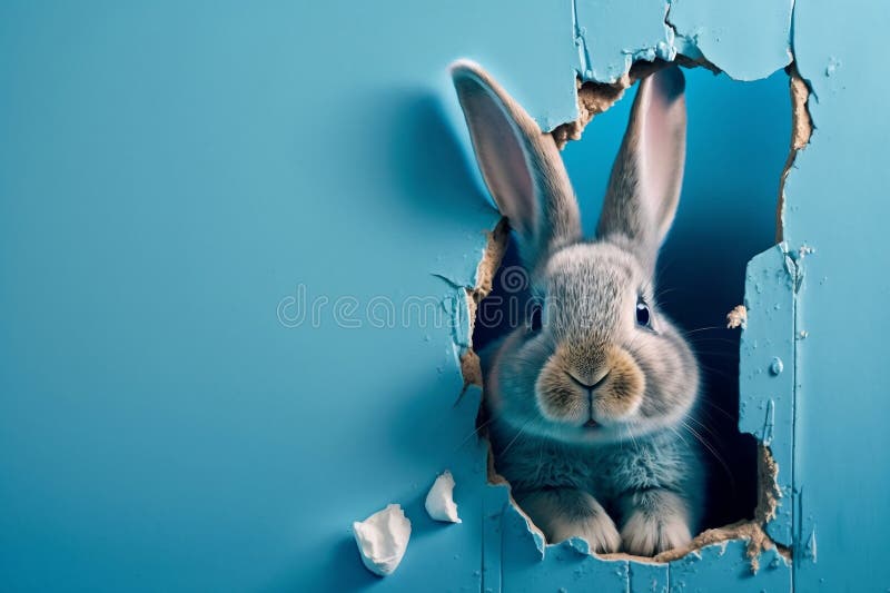 Bunny Peeking Out of a Blue Wall Hole, Easter Bunny Banner with a ...