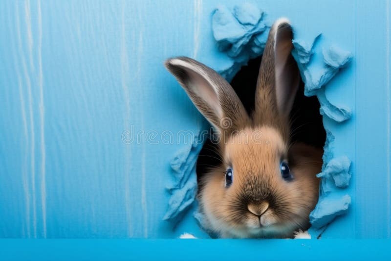 Bunny Peeking Out of a Blue Wall Hole, Easter Bunny Banner with a ...