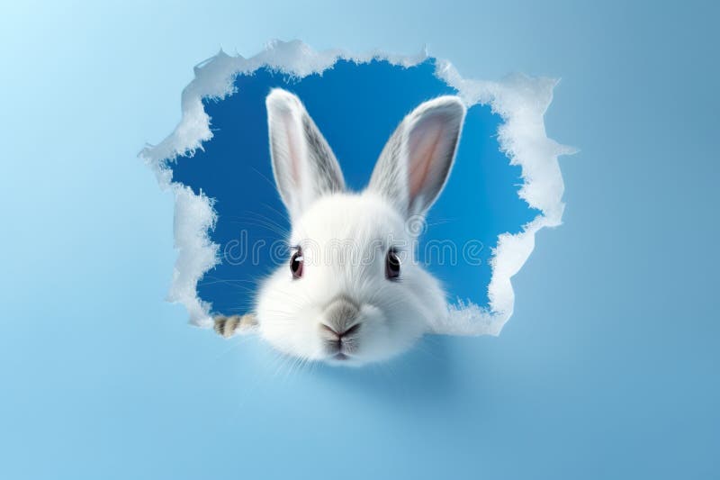 Bunny Peeking Out of a Hole in Blue Wall Stock Illustration ...