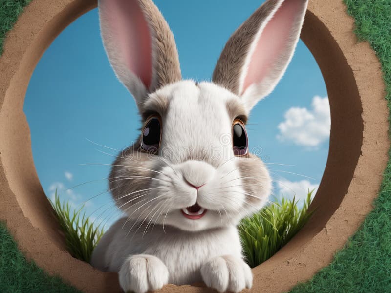 Bunny Peeking Out of a Hole in Blue Wall, Fluffy Eared Bunny Easter ...