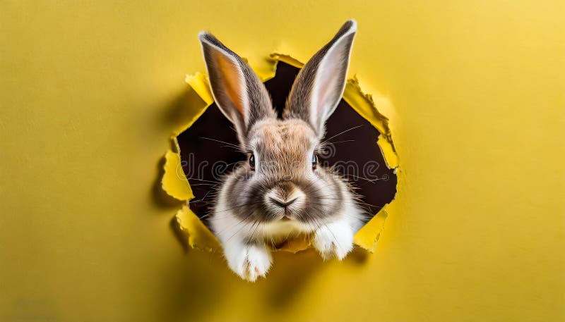 Bunny Peeking Out of a Hole in Yellow Wall Fluffye Ared Bunny Easter ...