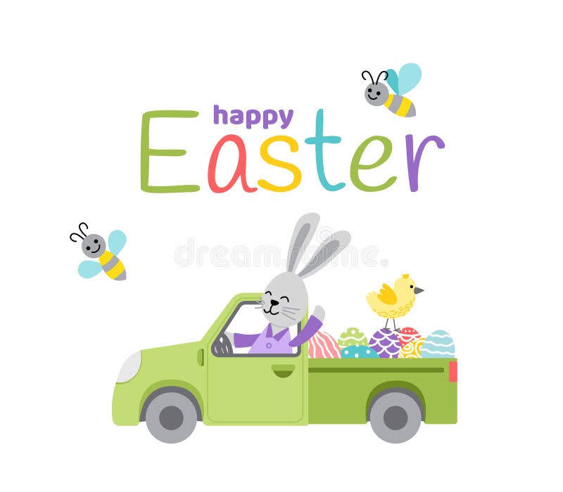 Rabbit on Pickup with Flowers. Happy Birthday Card. Flat, Cartoon ...