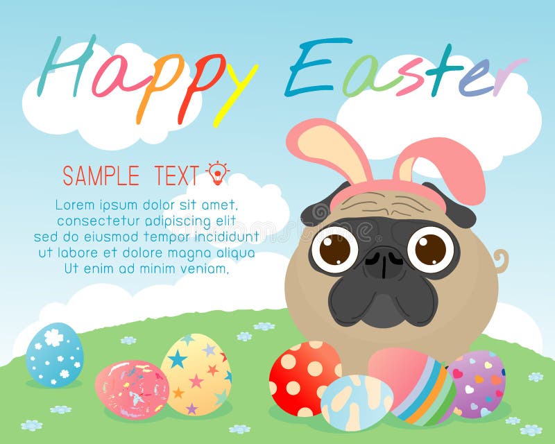 Bunny Pug with Colorful Easter Eggs on Grass, Happy Easter, Happy ...