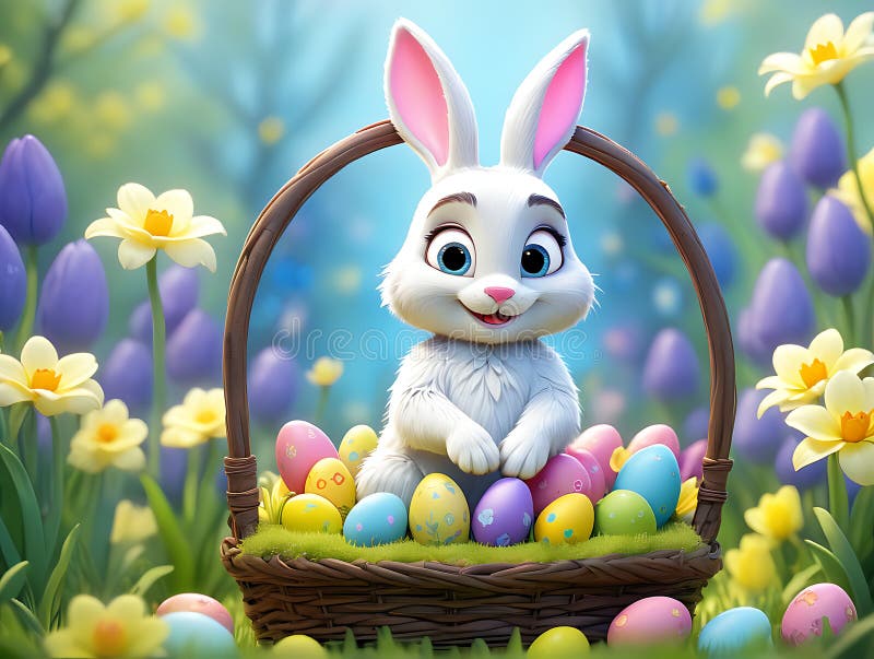 Bunny Rabbit in the Easter Basket with Decorated Eggs and Flowers ...