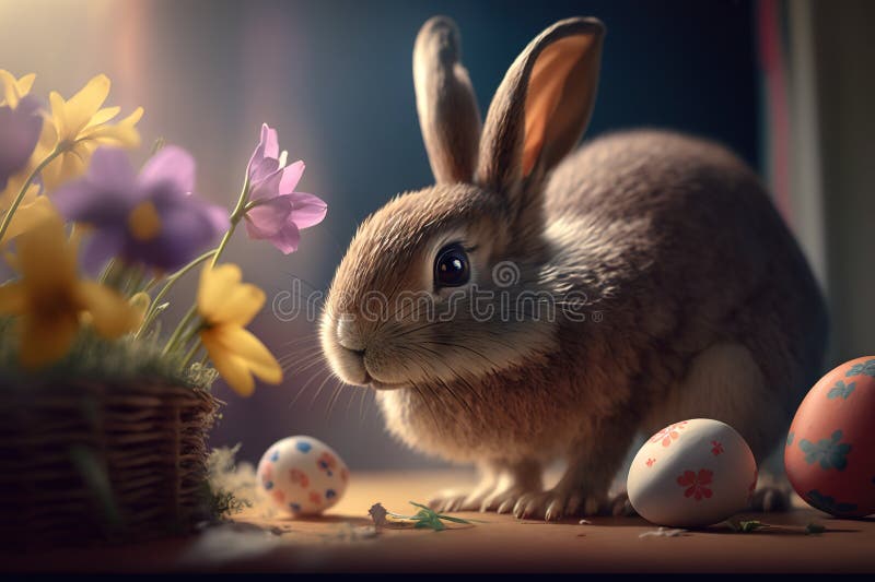 Bunny Rabbit and Easter Eggs with Flowers Very Cute Artwork Stock Image ...
