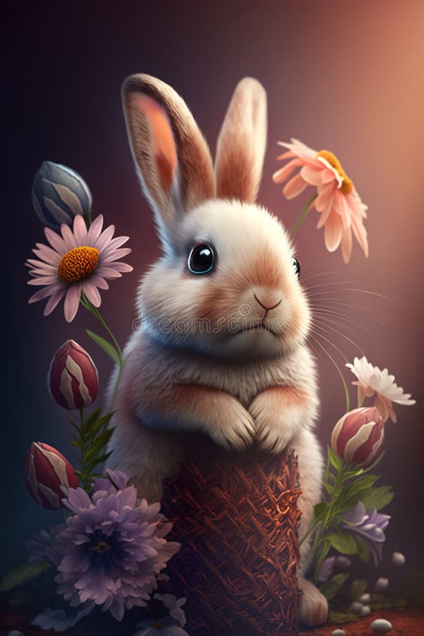 Bunny Rabbit and Easter Eggs with Flowers Very Cute Artwork Stock Photo ...
