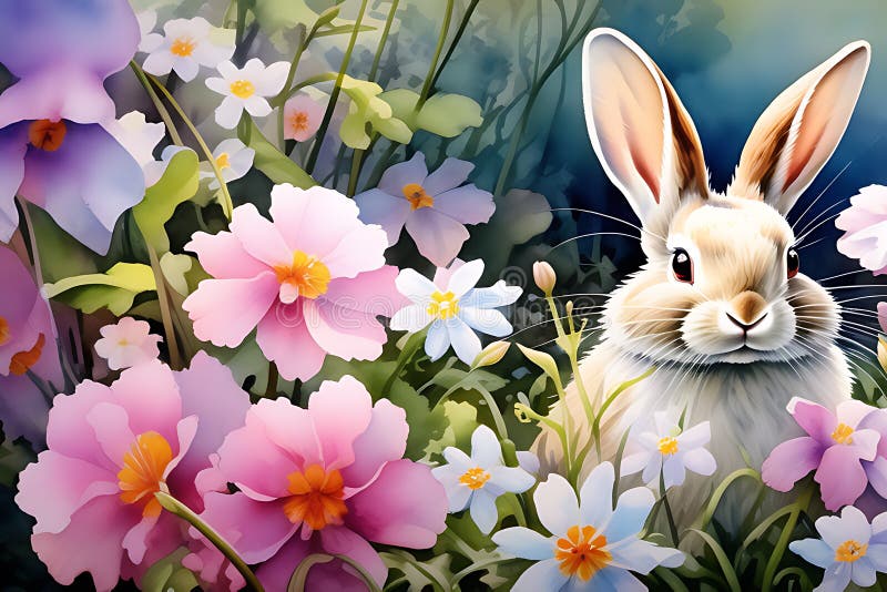 Bunny Rabbit in the Flowers Garden, Generative AI Stock Illustration ...