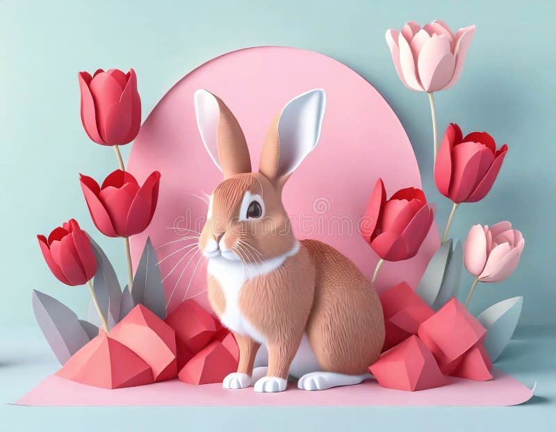 Bunny Rabbit and Red Paper Tulips. Easter or Valentine Card Concept ...