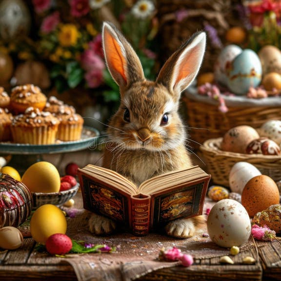 Bunny Reading Easter Book stock illustration. Illustration of flowers ...