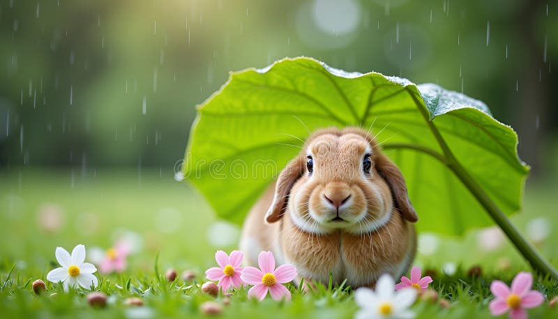 Bunny Resting Under Leaf in Rain, Nature S Shelter Stock Image - Image ...