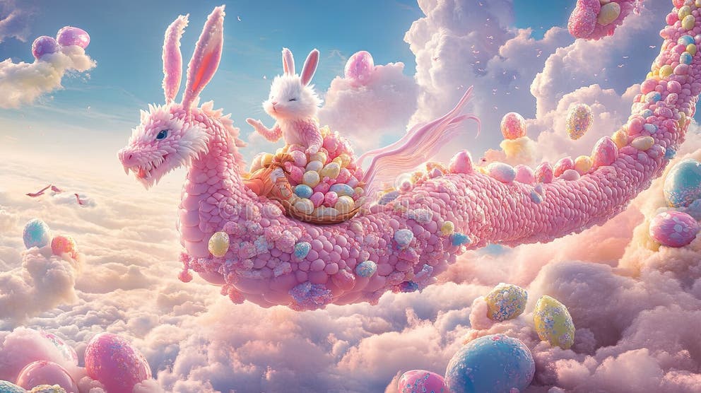 Bunny Riding Dragon Made of Candy Eggs through Sky. Stock Image - Image ...