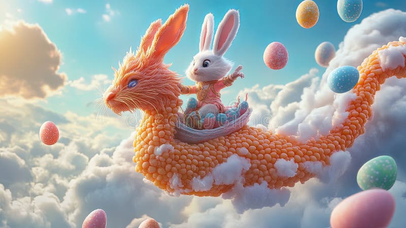 Bunny Riding Dragon Made of Candy Eggs through Sky. Stock Photo - Image ...