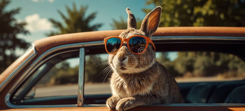 A Bunny on a Road Trip in His Car. Stock Illustration - Illustration of ...