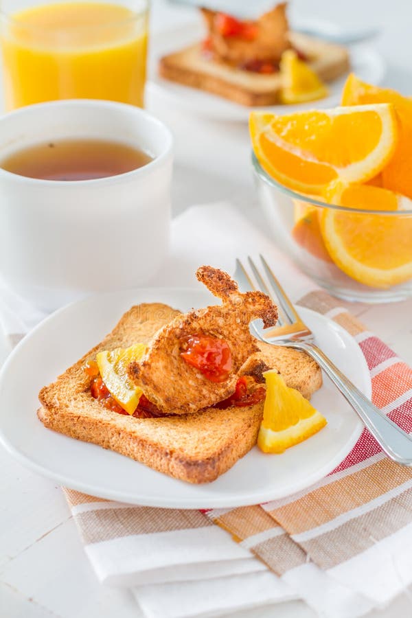 Bunny Shaped Toast with Jam, Juice and Tea Stock Image - Image of bunny ...