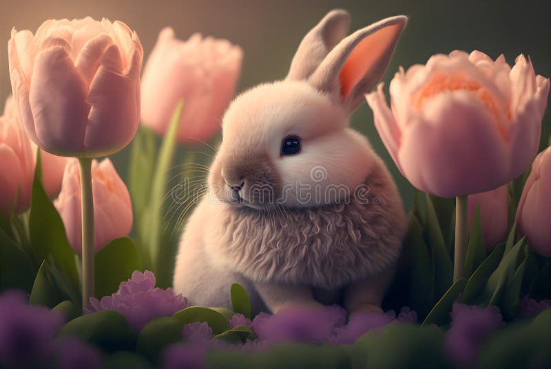 Bunny Siting on the Grass in the Forest among the Beautiful Tulips ...