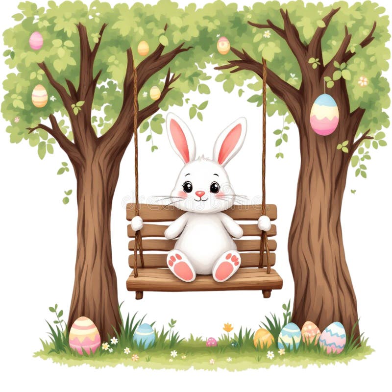 Bunny Sits on a Wooden Swing between Two Trees Adorned with Colorful ...