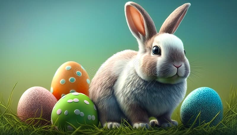 Bunny Sitting with Colourful Easter Eggs. Generative AI Stock ...