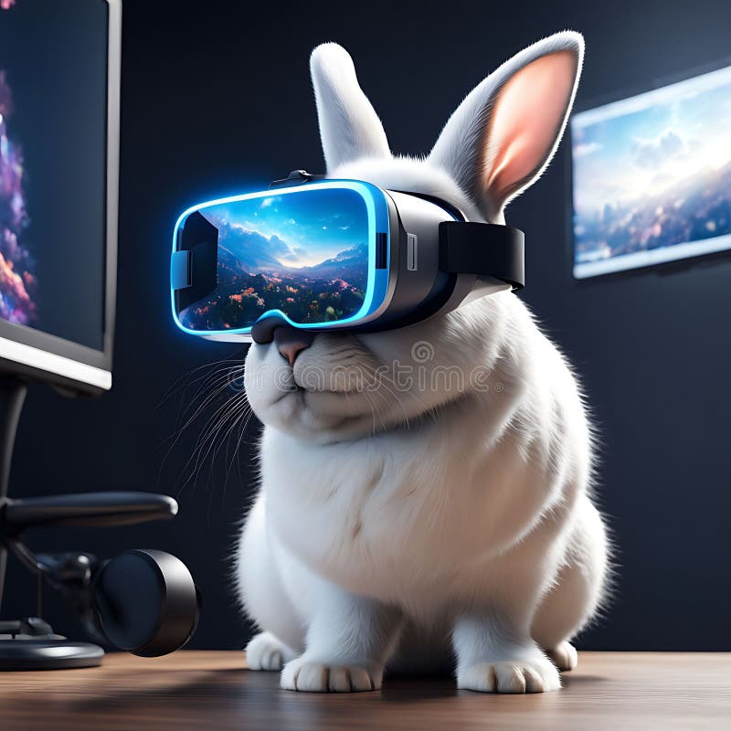 Bunny is Sitting on a Table Wearing Virtual Reality Glasses. Stock ...