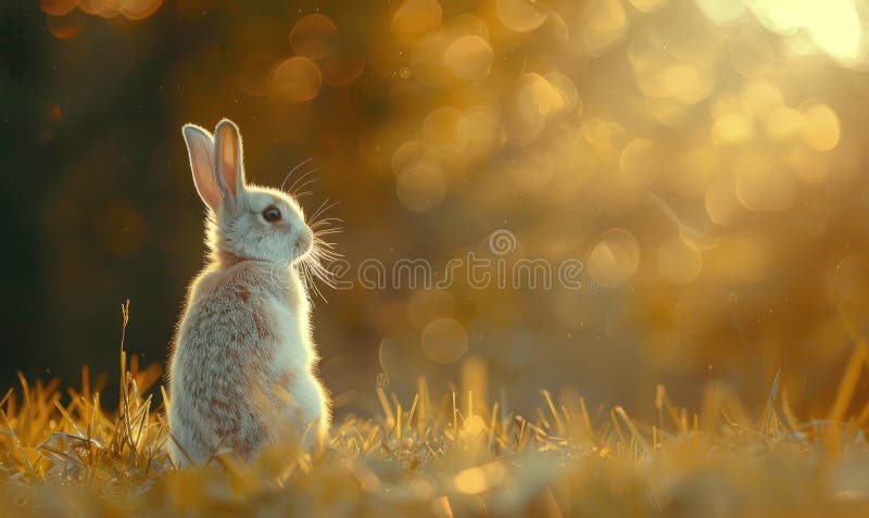 A Bunny Sitting Upright in the Forest, Bokeh Lights Stock Image - Image ...