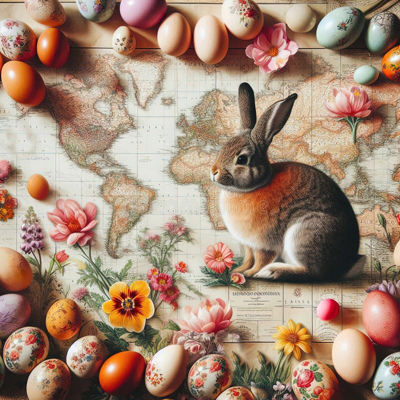 Bunny Sitting on Vintage Map Surrounded by Easter Eggs Stock ...