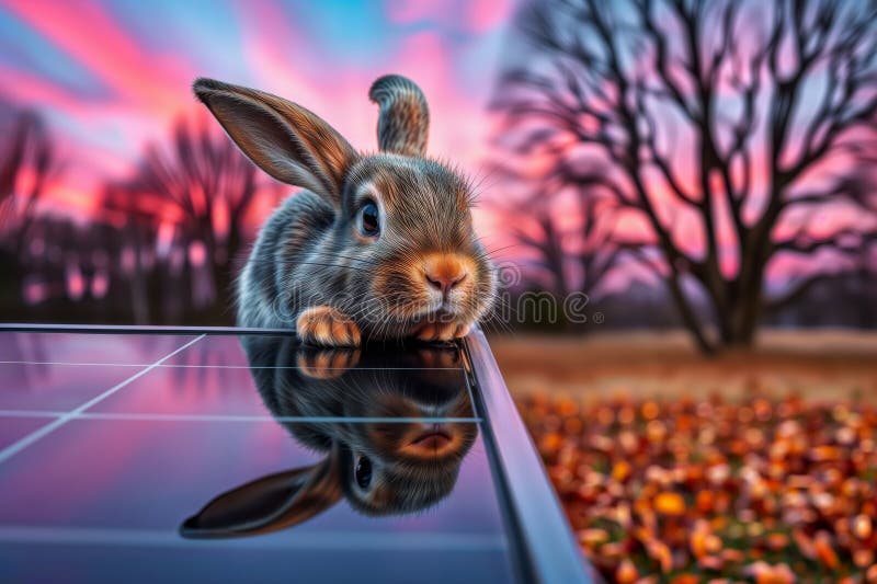 Bunny Sitting on Reflective Solar Panel at Sunset, Generative Ai Stock ...