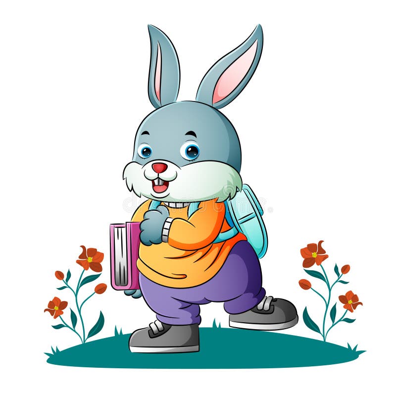 Bunny Student Sitting on Pile of Books Studying at School Vector ...