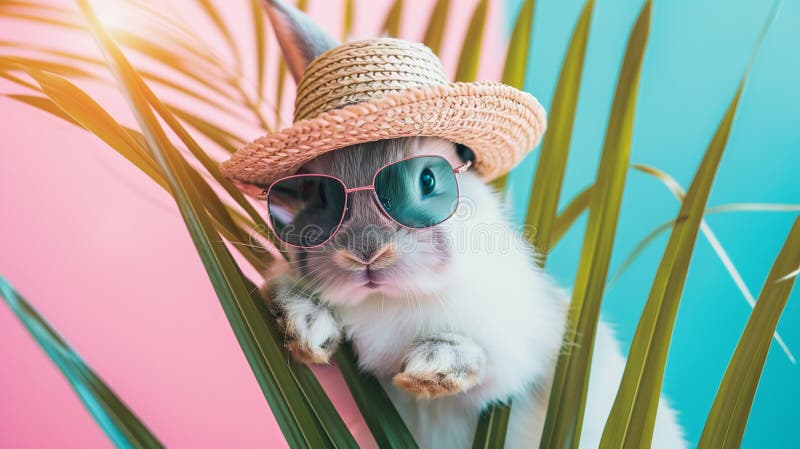 Bunny with Sunglasses and Hat Under Palm Leaf on Pastel Summer ...