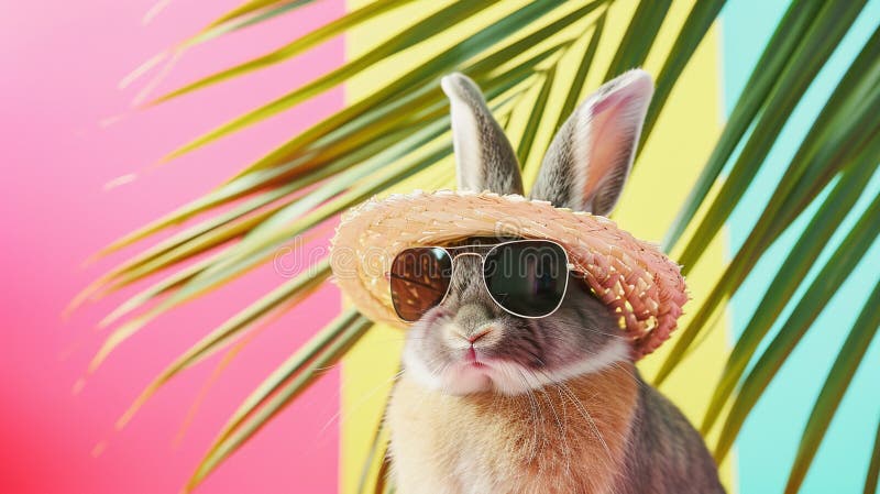 Bunny with Sunglasses and Hat Under Palm Leaf on Pastel Summer ...