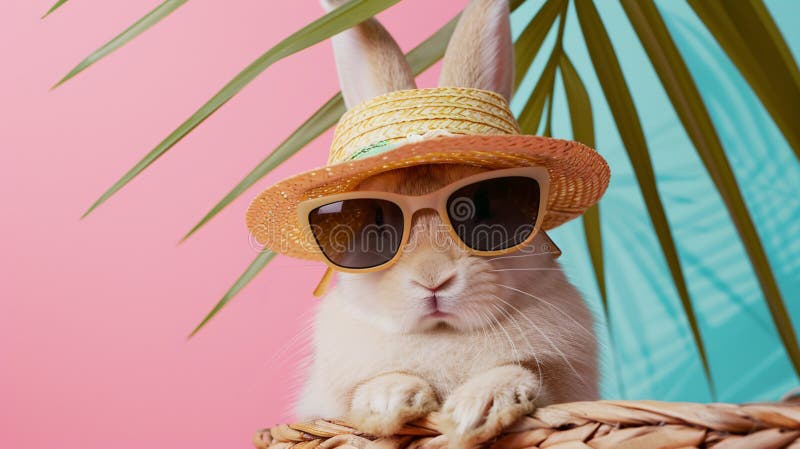 Bunny with Sunglasses and Hat Under Palm Leaf on Pastel Summer ...