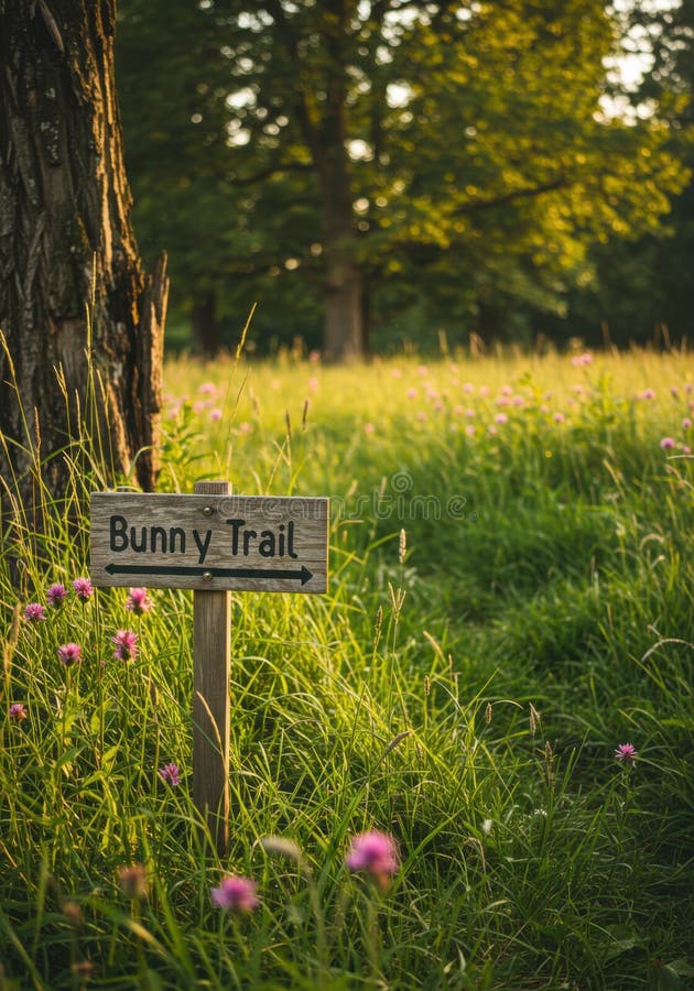 Bunny Trail Sign in a Lush Green Field Stock Illustration ...