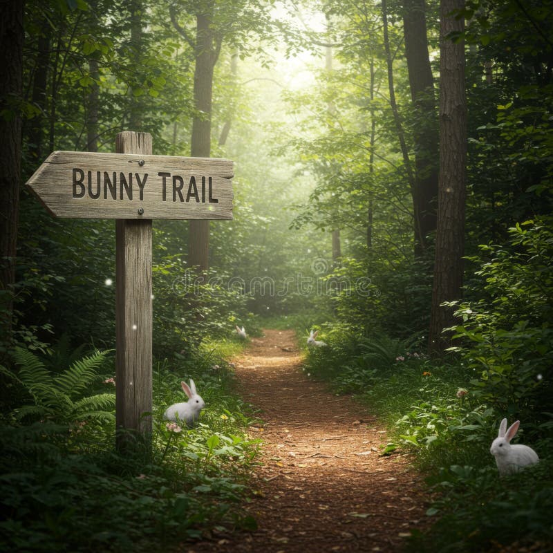 Bunny Trail Sign in a Magical Forest Stock Illustration - Illustration ...