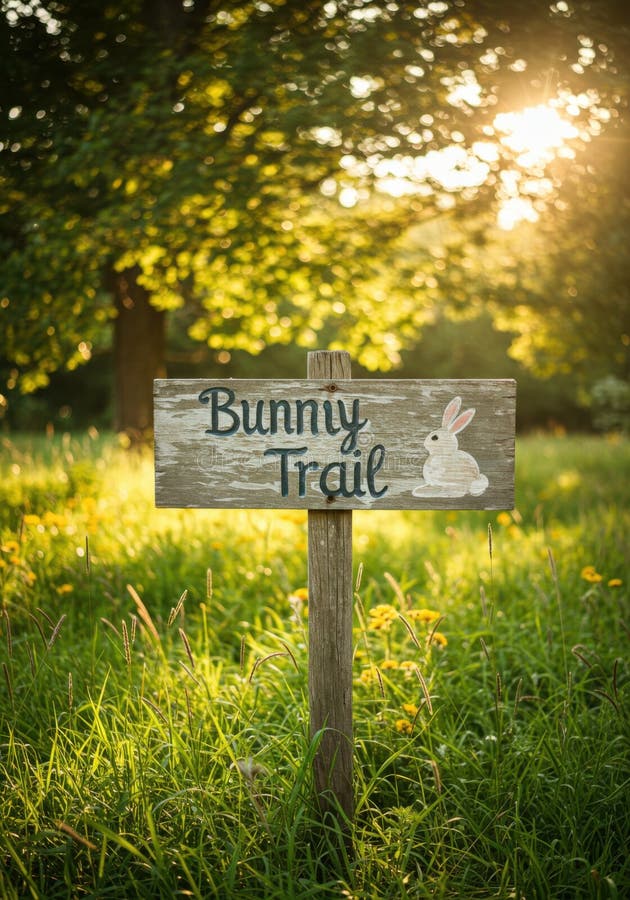 Bunny Trail Sign in a Sunny Field Stock Illustration - Illustration of ...