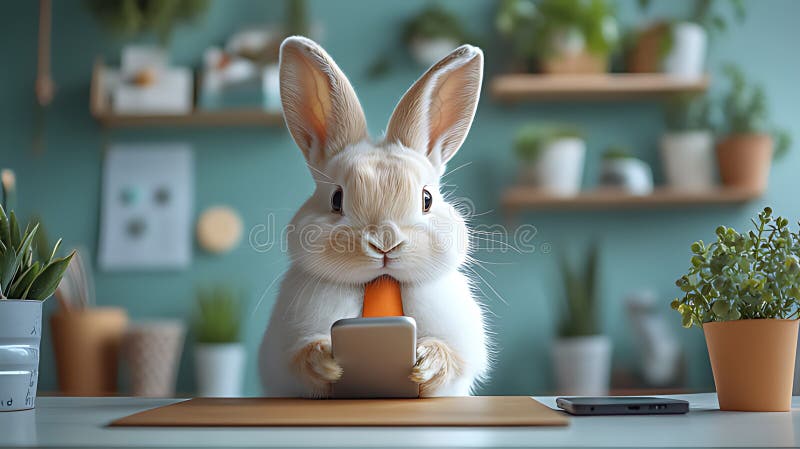 Bunny Using Phone, Office, Plants, Home, Work Stock Illustration ...