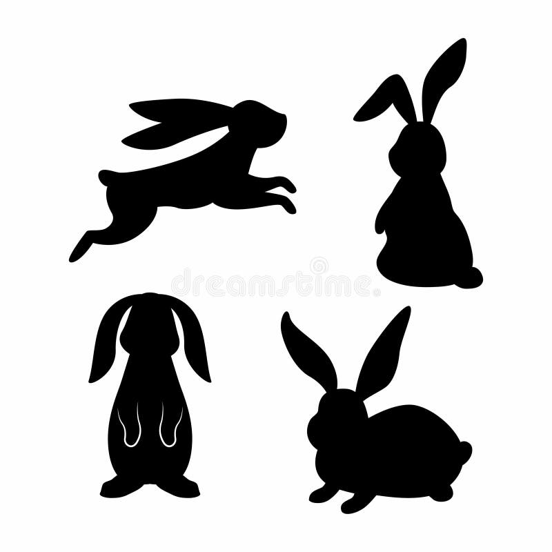 Bunny Vector Black Set. Silhouettes of Rabbits in Different Poses Stock ...