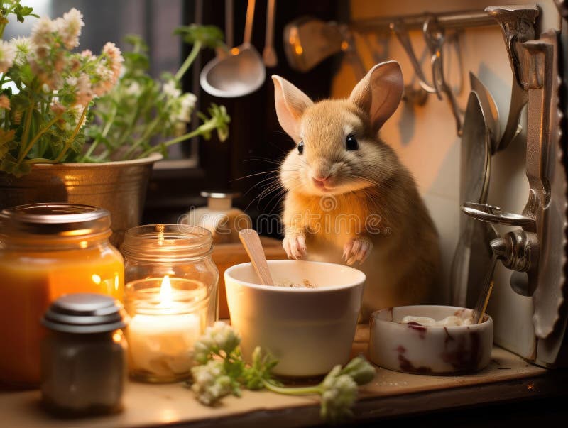 Bunny Washing Dishes in Mini Kitchen Stock Illustration - Illustration ...