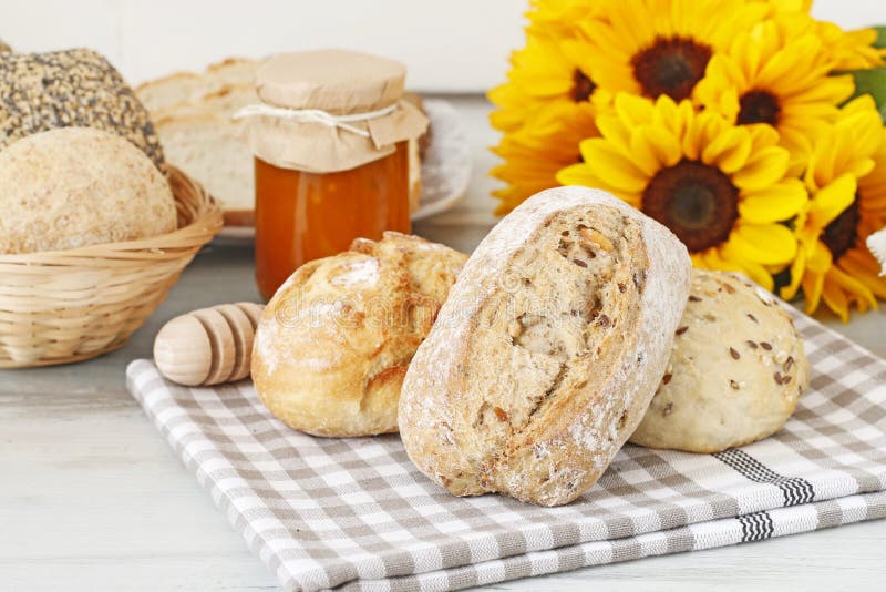 Buns and Breads on Breakfast Table Stock Photo - Image of crust ...