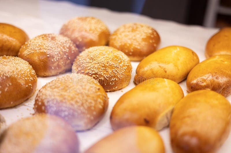 Buns and Pies in Shop. Bread Counter Stock Image - Image of fresh ...