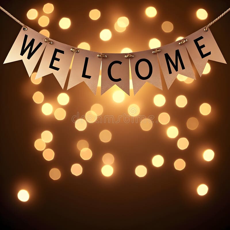 Welcome Party Banner Bunting in Front of Festive Lights Bokeh Concept ...