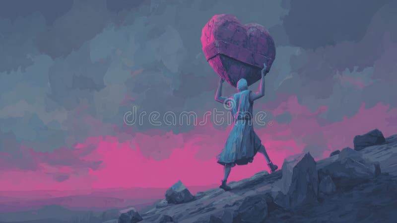 Burden, Figure Carrying Heavy Stone Heart Uphill Under Grey Skies Stock ...