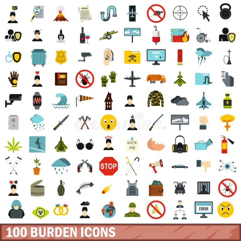 100 Burden Icons Set, Flat Style Stock Vector - Illustration of flat ...