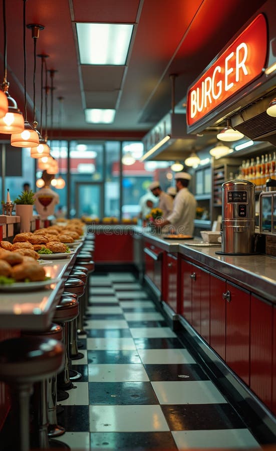 Burger Assembly Line Cafe in Retrofuturistic Style Stock Illustration ...