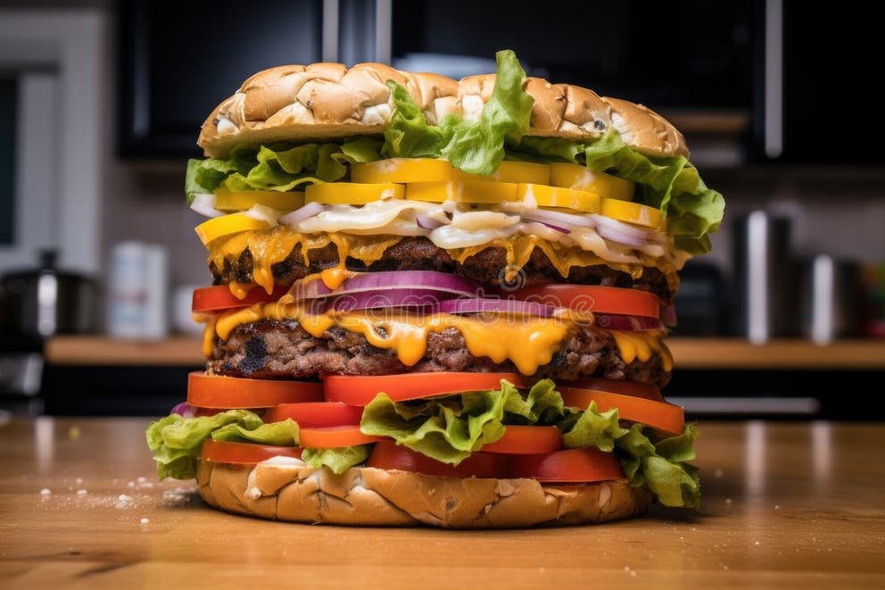 Burger Assembly Process with Layers Visible Stock Image - Image of ...