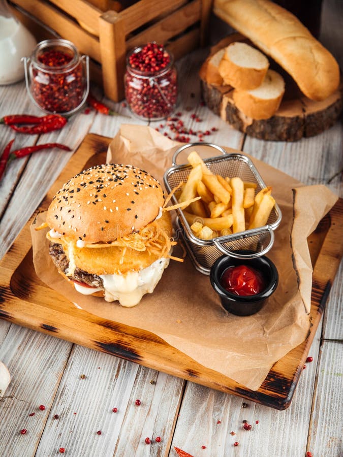 Burger with Beef Patty and Three Types of Cheese Stock Photo - Image of ...