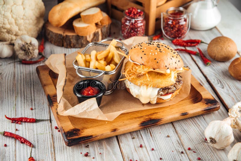 Burger with Beef Patty and Three Types of Cheese Stock Photo - Image of ...