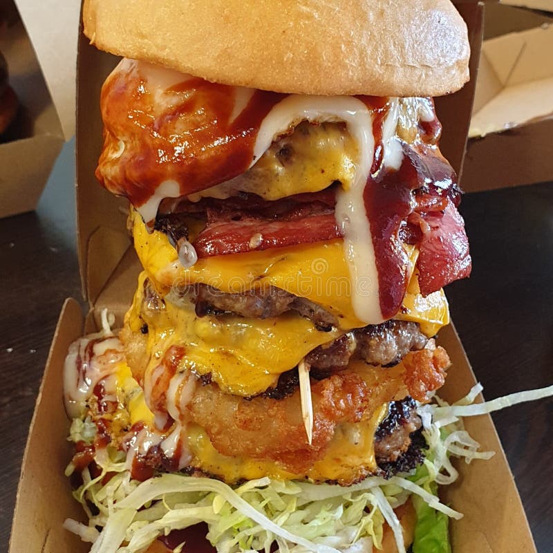 Burger Big Stacked Paddy Cheese Bacon Stock Photo - Image of paddy ...